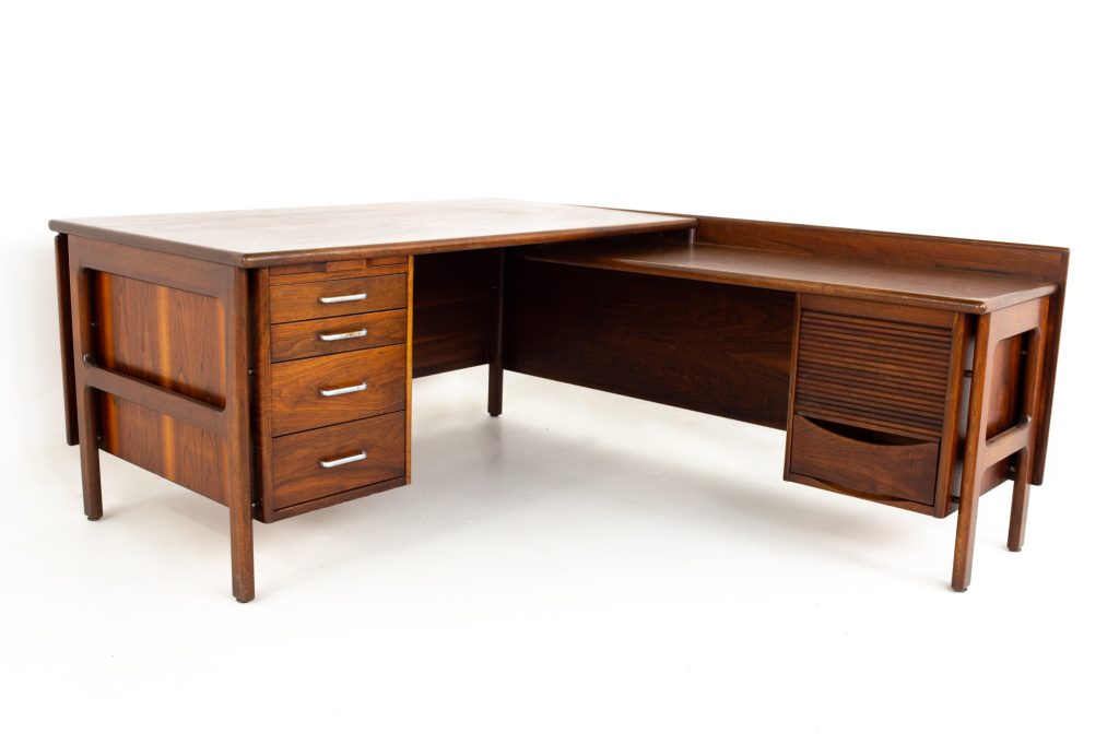 Restored Mid Century L Shaped Desk with Caned Back | Mid Century Modern ...