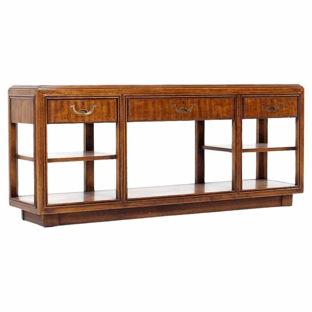 Drexel Campaign Pecan and Brass Console Sofa Table | Mid Century Modern ...