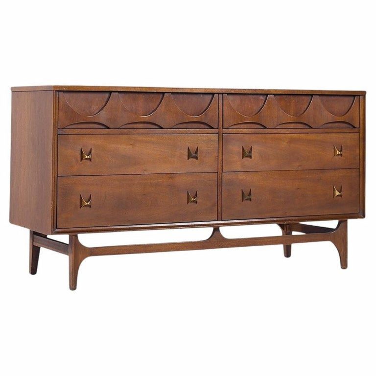Broyhill Brasilia Mid Century Walnut and Brass 5 Drawer Highboy Dresser ...
